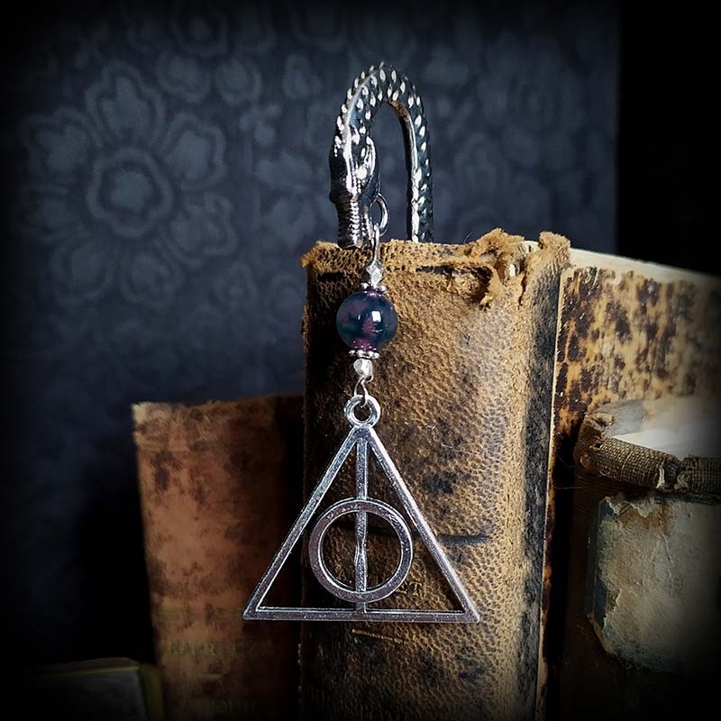 Marque page dragon argenté, relique de la mort et perle agate veine de ...