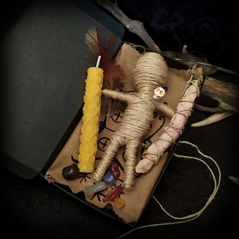 Petit coffret poupée Vaudou, tapis d'incantation Papa Legba